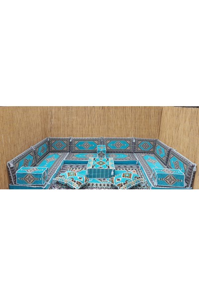 Coton Saray Desenli Şark Köşesi Minder, Kilim Orta Puf Konsept 18 Parça Turkuaz Coton Saray Desenli Şark Köşesi Minder, Kilim Orta Puf Konsept 18 Parça Turkuaz