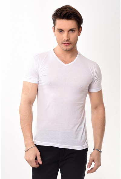 V Yaka Basic Slim Fit Erkek Tişört T-Shirt Beyaz V Yaka Basic Slim Fit Erkek Tişört T-Shirt Beyaz