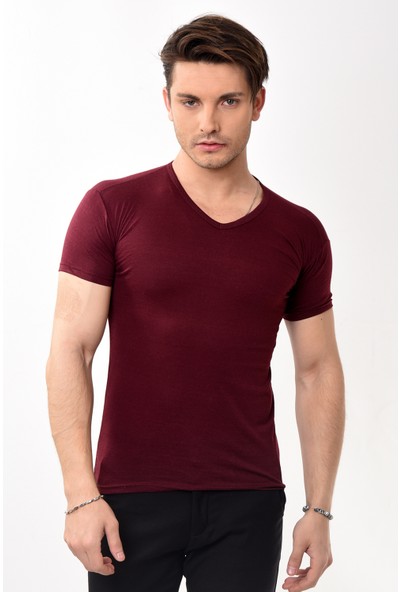 V Yaka Basic Slim Fit Erkek Tişört T-Shirt Bordo V Yaka Basic Slim Fit Erkek Tişört T-Shirt Bordo