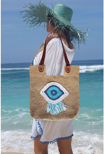 My Choose El Örgüsü Nazar Boncuklu Omuzdan Deri Askılı Hasır Plaj Çantası My Choose El Örgüsü Nazar Boncuklu Omuzdan Deri Askılı Hasır Plaj Çantası