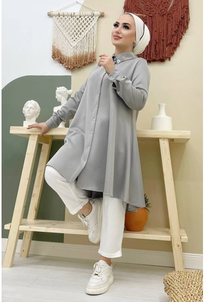 Moda Willow Kadın Uzun Gri Mevlana Gömlek - MW5358