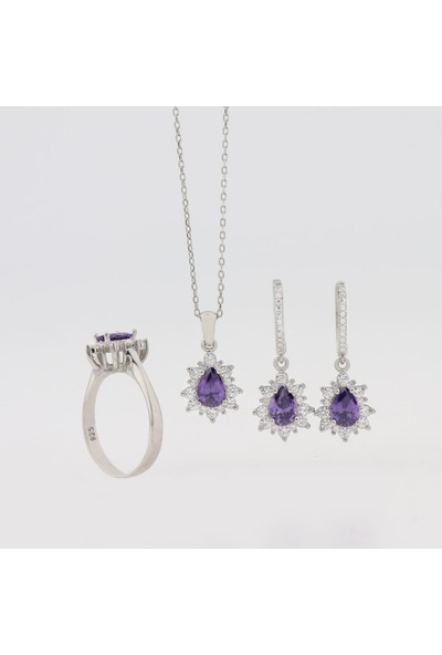 Silveranka 925 Ayar Gümüş Damla Ametist Taşlı Anturaj Gümüş Set Silveranka 925 Ayar Gümüş Damla Ametist Taşlı Anturaj Gümüş Set