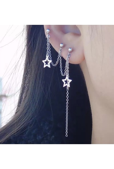 3'lü Yıldız Detaylı Zincirli Küpe