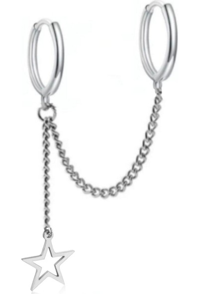 2'li Yıldız Sallantılı Zincirli Halka Küpe (2'si Delikli)