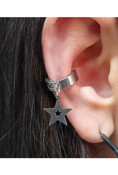 Deliksiz Sıkıştırma Yıldız Sallantılı Ear Cuff Çelik Küpe Deliksiz Sıkıştırma Yıldız Sallantılı Ear Cuff Çelik Küpe