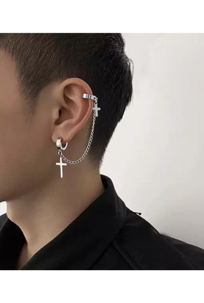Harajuku Style Haç Sallantılı Cerrahi Çelik Zincirli 2'li Küpe (Alt Delikli Üst Deliksiz)