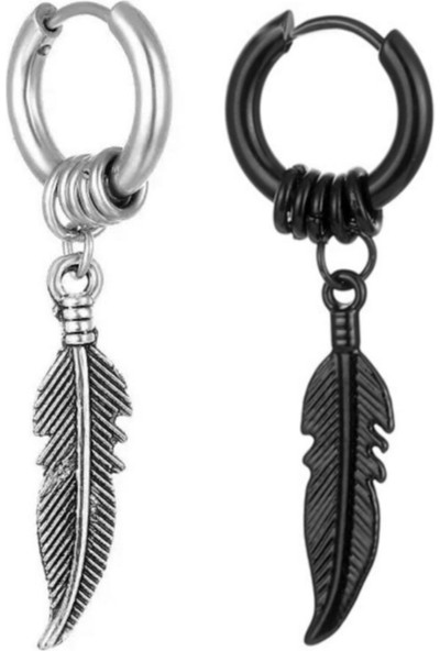 2 Adet Siyah Gümüş Kartal Tüyü Sallantılı Çelik Küpe