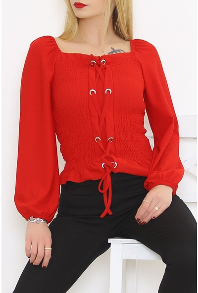 Bkmc Kuşgözlü Gipeli Bluz Kırmızı