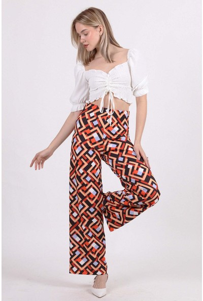 Geometrik Renkli Desen Yüksek Bel Pantolon