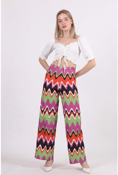 Renkli Dalgalı Desen Yüksek Bel Pantolon
