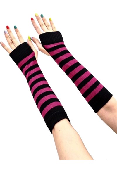 Pembe Siyah Çizgili Tasarım Uzun Kolluk Eldiven