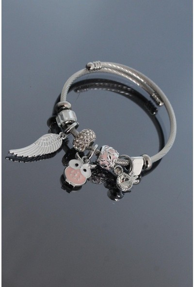 Baykuş ve Kanat Figürlü Zirkon Taşlı Charm Bileklik