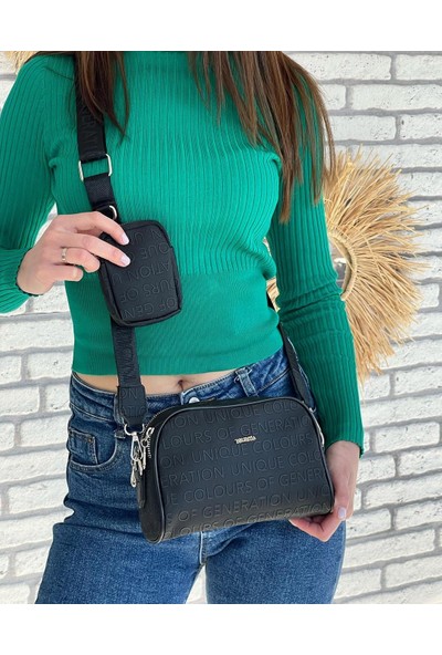Yazılı Küçük Boy Askılığında Cüzdan Bulunan Çapraz ve Omuz Çanta 782-SİYAH Yazılı Küçük Boy Askılığında Cüzdan Bulunan Çapraz ve Omuz Çanta 782-SİYAH
