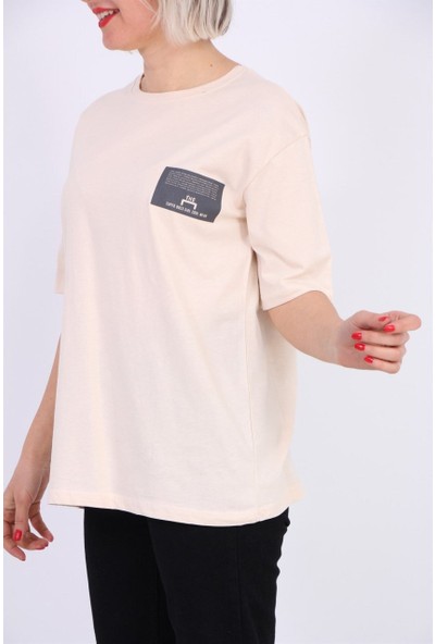 İnobag Arkası Baskılı Bisiklet Yaka Tişört Bej
