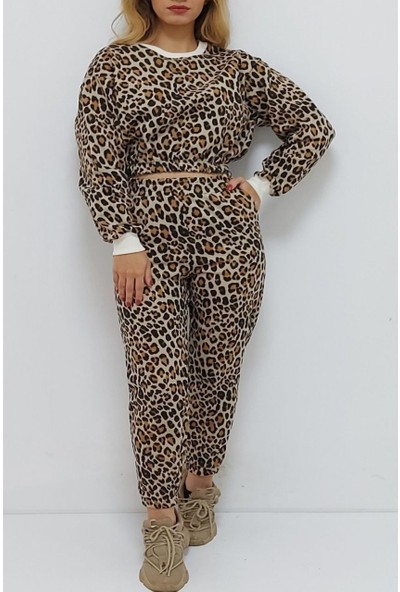 İnobag Yuvarlak Yaka 3 Iplik Içi Tüylü Eşofman Takımı Leopar