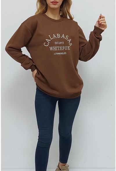İnobag Calabasas Baskılı Oversize Içi Tüylü Sweatshirt Kahverengi