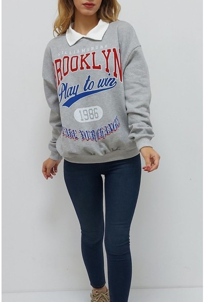 İnobag Brooklyn Baskılı Yakalı Içi Tüylü Sweatshirt Gri