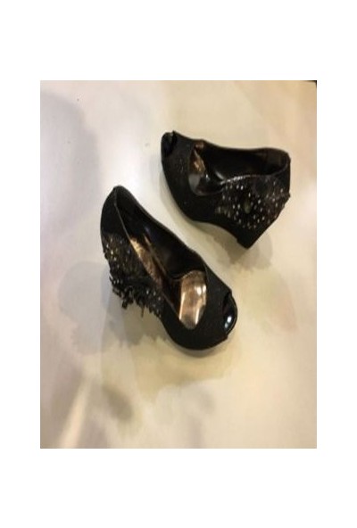 Dolgu Topuk Siyah Simli Yandan Çiçekli Topuk 8 cm