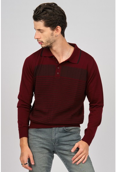 Desen Triko Erkek Desenli Polo Yaka Yün Kazak 0249642 Bordo