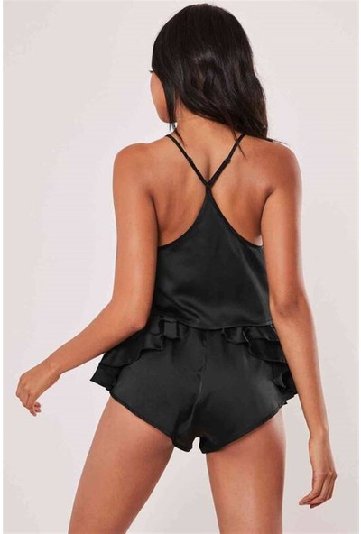 Merry See Özel Tasarım Saten Şortlu Takım Siyah MS2344