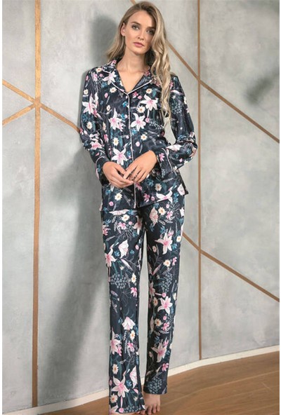 Lacivert Floral Desenli Önden Düğmeli Saten Pijama Takımı 9723