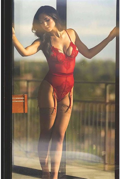 Merry See Seksi Jartiyer Takım+ Çorap Hediyeli KIRMIZI-MS33004-2