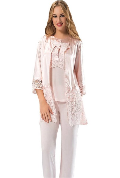 Pudra Dantel Detaylı Sabahlıklı Pijama Takımı 1417 Pudra Dantel Detaylı Sabahlıklı Pijama Takımı 1417