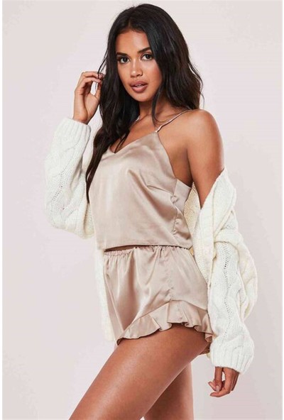 Merry See Saten Şortlu Pijama Takım Bej - MS2308