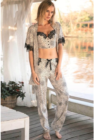 Ekru Puantiye Desenli Büstiyerli Pijama Sabahlık Takım 4786 Ekru Puantiye Desenli Büstiyerli Pijama Sabahlık Takım 4786