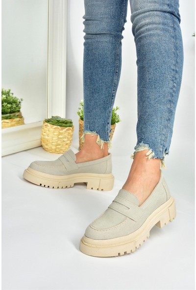 Fox Shoes Gri Süet Kalın Tabanlı Kadın Makosen Ayakkabı M652262302 Fox Shoes Gri Süet Kalın Tabanlı Kadın Makosen Ayakkabı M652262302