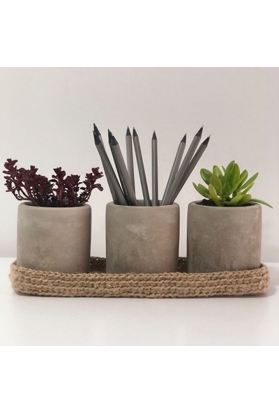 ZD Tasarım Atölyesi Örgü Tabanlı 3'lü Beton Saksı ve Kalemlik Seti