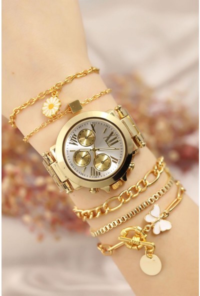 Bkmc Gold Renk Metal Kordonlu Roma Rakamlı Kadın Saat Kombini Bkmc Gold Renk Metal Kordonlu Roma Rakamlı Kadın Saat Kombini