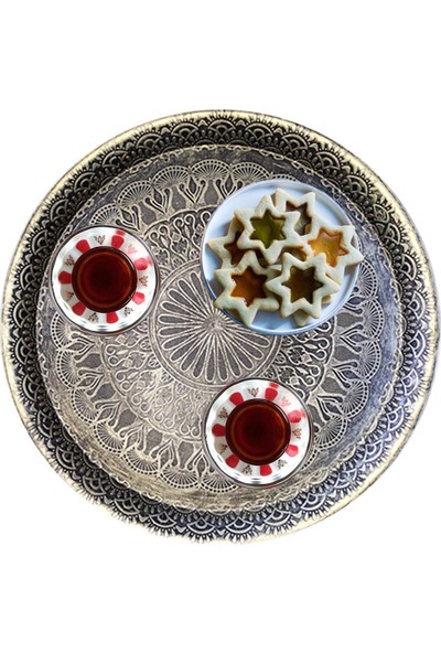 Ahşap Şehri Desenli Gümüş Görünümlü Oval Sunum Tepsisi