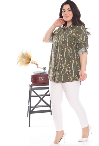 By Alba Collection Kadın Pamuk Viskon Büyük Beden Zincir Desen Gömlek Haki By Alba Collection Kadın Pamuk Viskon Büyük Beden Zincir Desen Gömlek Haki