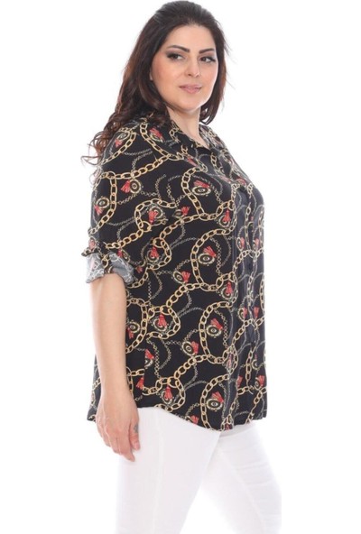 By Alba Collection Kadın Pamuk Viskon Kalın Zincir Desenli Büyük Beden Gömlek Siyah By Alba Collection Kadın Pamuk Viskon Kalın Zincir Desenli Büyük Beden Gömlek Siyah