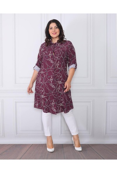 By Alba Collection Kadın Dijital Krep Kumaş Desenli Büyük Beden Tunik Mürdüm By Alba Collection Kadın Dijital Krep Kumaş Desenli Büyük Beden Tunik Mürdüm