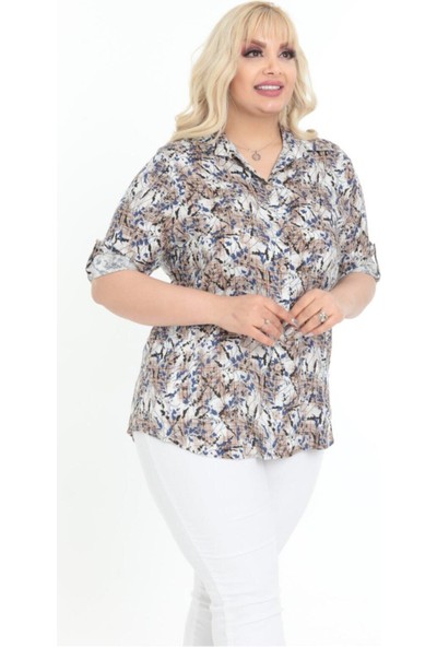 By Alba Collection Kadın Pamuk Viskon Çiçek Desenli Büyük Beden Gömlek Lacivert