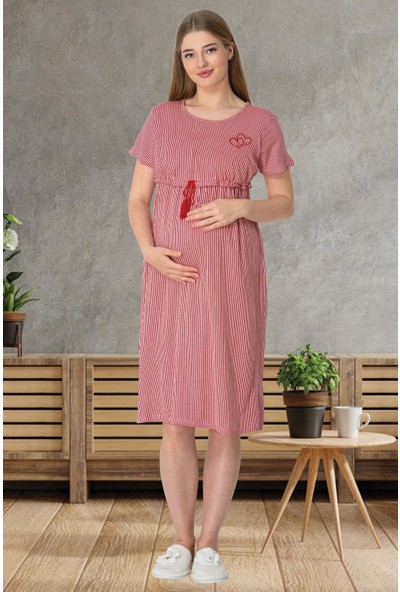 Şık Mecit Kırmızı Emzirme Özellikli Hamile Lohusa Elbise