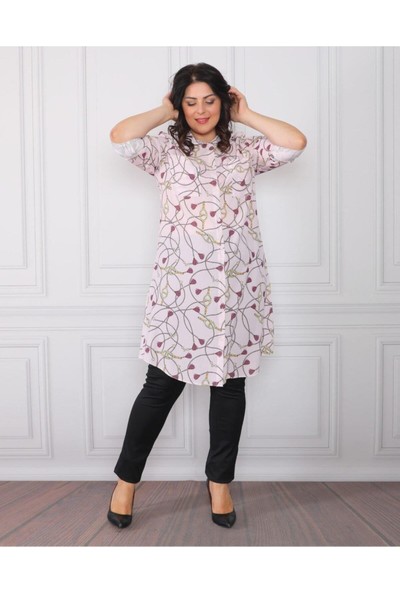 By Alba Collection Kadın Dijital Krep Kumaş Desenli Büyük Beden Tunik Gül By Alba Collection Kadın Dijital Krep Kumaş Desenli Büyük Beden Tunik Gül