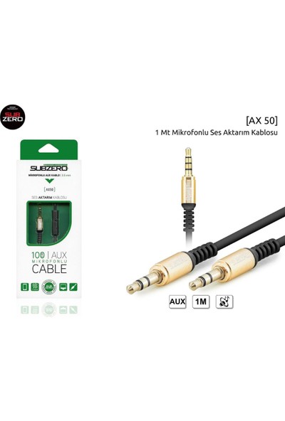 Subzero Metal Başlık Mikrofonlu Aux Kablo - 3.5mm - Ses Aktarım Kablosu - 1m - AX50 Subzero Metal Başlık Mikrofonlu Aux Kablo - 3.5mm - Ses Aktarım Kablosu - 1m - AX50