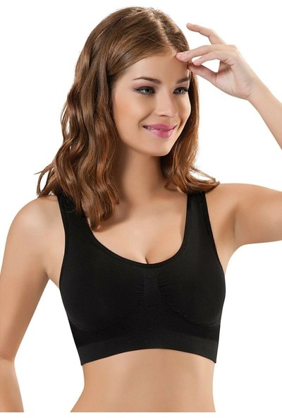 Q-En Siyah % 95 Bambu Kalın Askılı Pedli Spor Sütyen - Büstiyer