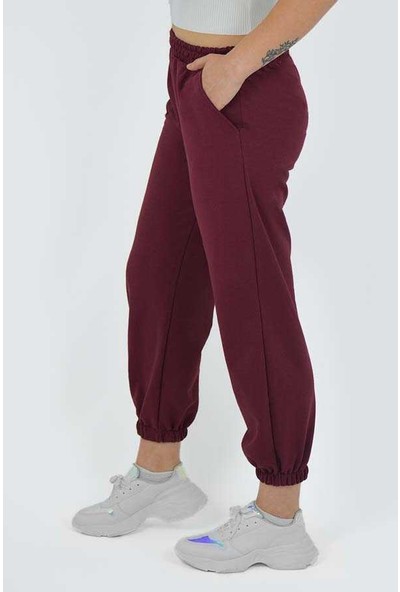 Brosho Kadın Bordo Paçası Lastikli Jogger Eşofman Altı