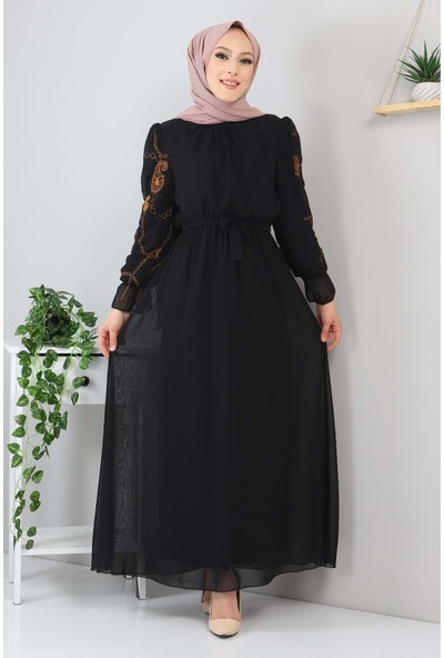 Moda Mihram Kolu Nakışlı Şifon Elbise Siyah Moda Mihram Kolu Nakışlı Şifon Elbise Siyah