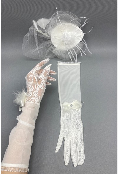 Hayalperest Boncuk Dantelli Gelin Eldiveni ve Nikah Şapkası