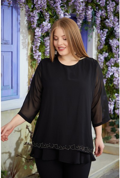 Rmg Kollar Tül Detaylı Siyah Büyük Beden Şifon Bluz
