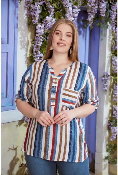 Rmg Hakim Yaka Çizgili Büyük Beden Indigo Bluz
