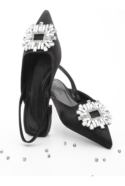 Marjin Kadın Babet Taşlı Sivri Burun Arkası Açık Abiye Ayakkabı Tivez