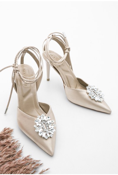 Marjin Kadın Abiye Topuklu Ayakkabı Taşlı Sivri Burun Bilekten Bağlamalı Ravel