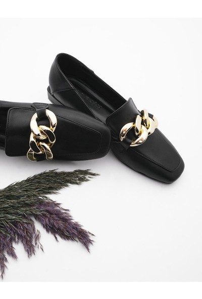 Marjin Kadın Loafer Makosen Ayakkabı Küt Burun Zincirli Modena