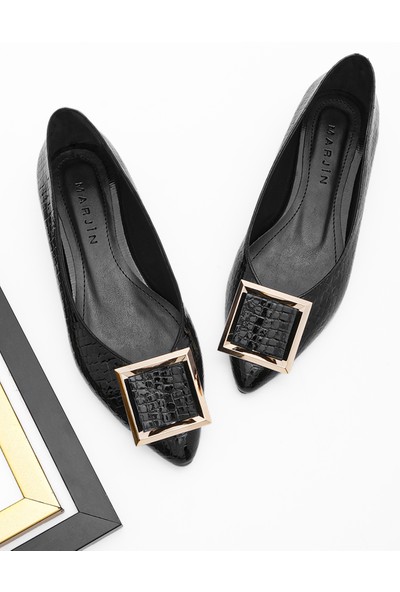 Marjin Kadın Babet Altın Renk Kare Tasarım Aksesuarlı Evenna